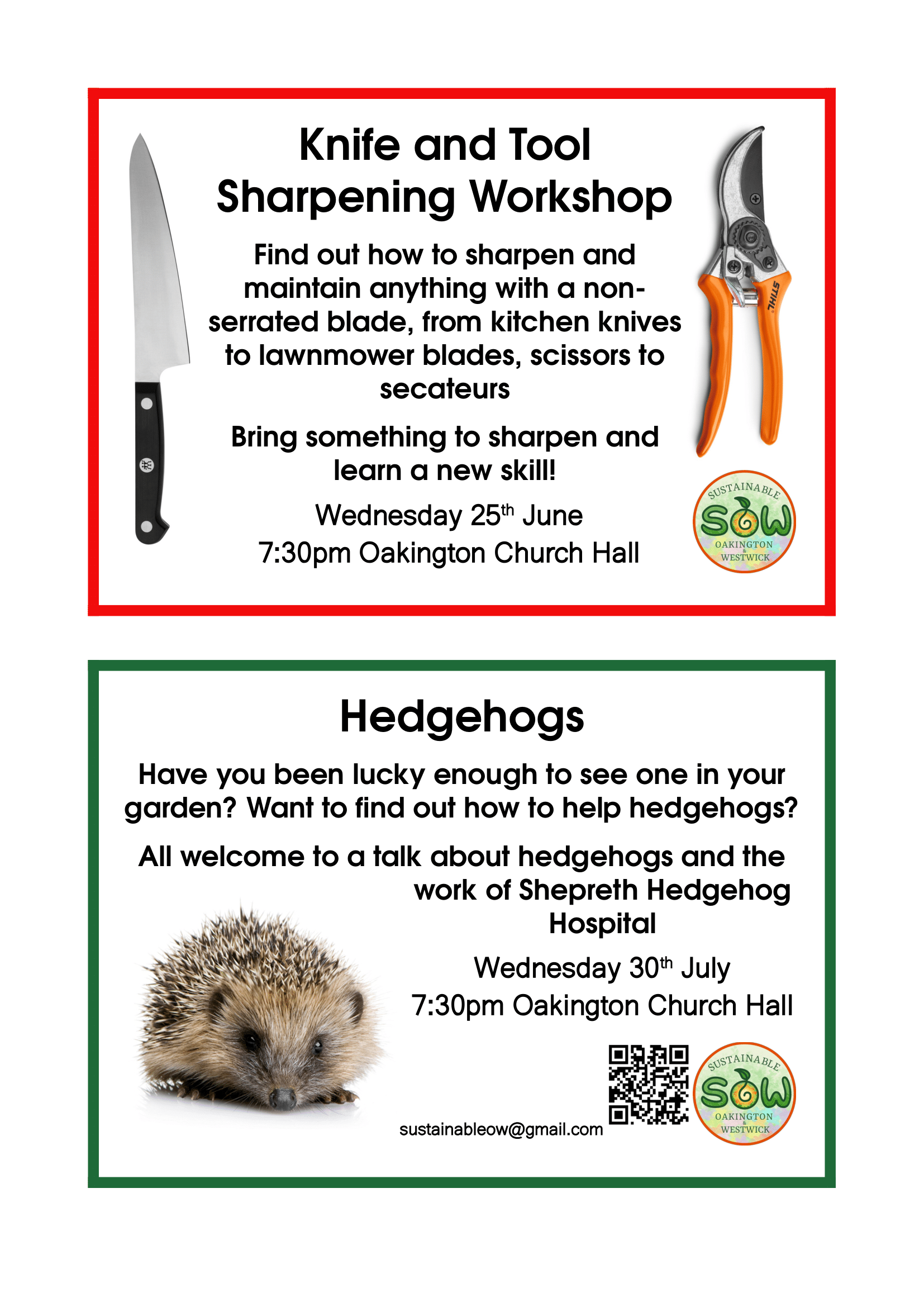 Sharpening Workshop & Hedgehog Talk | Sustainable Oakington and Westwick